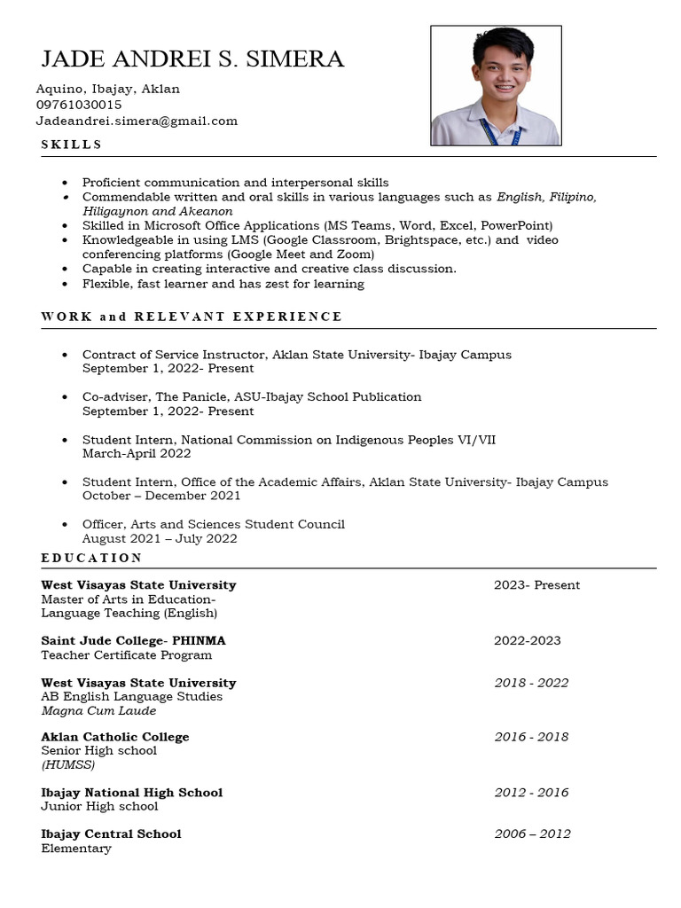 Jade Andrei Simera Resume 2024 | PDF | Cognition | Behavior Modification
