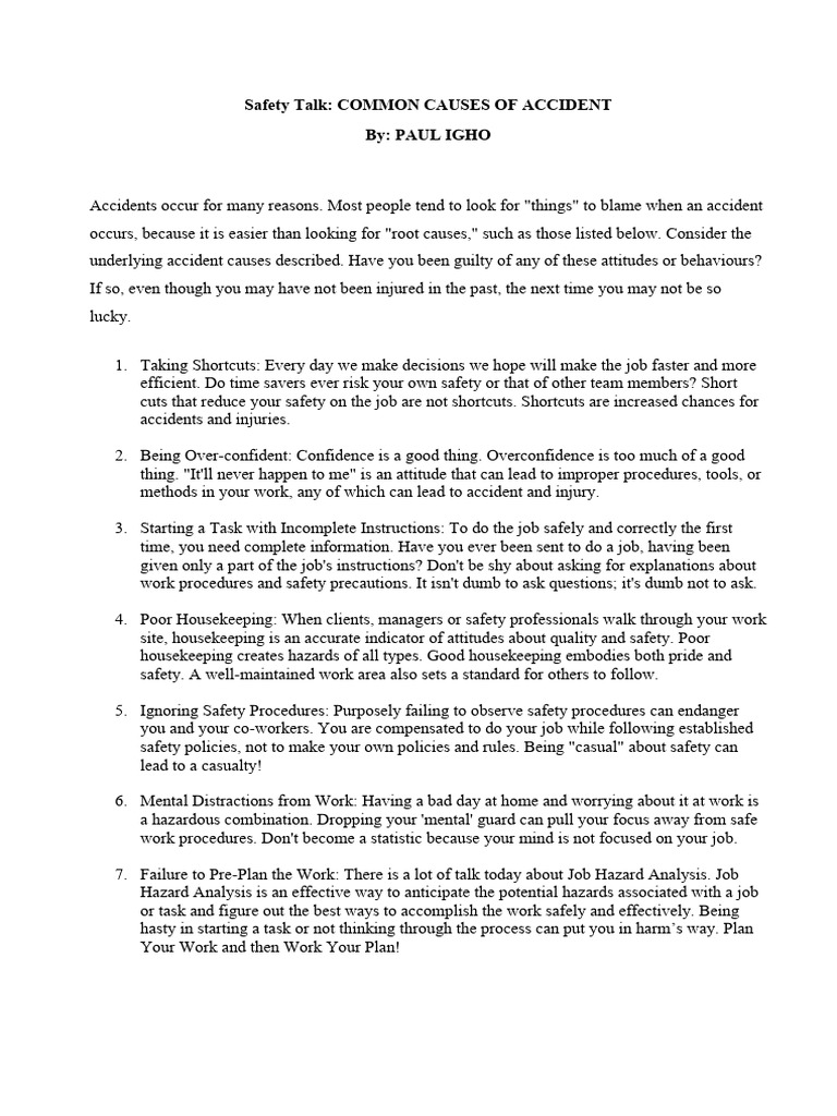 Common Causes of Accident | PDF | Safety | Hazards