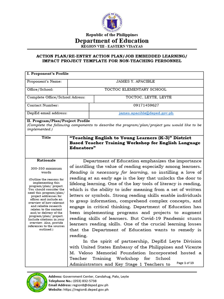 Action Plan or ReAP or JEL or Impact Project Template For Non Teaching ...