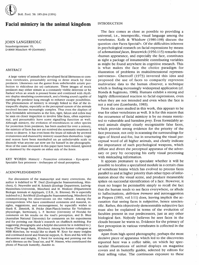 Boll Zool 1972 Langerholc facial mimicry in the animal kingdom moths ...