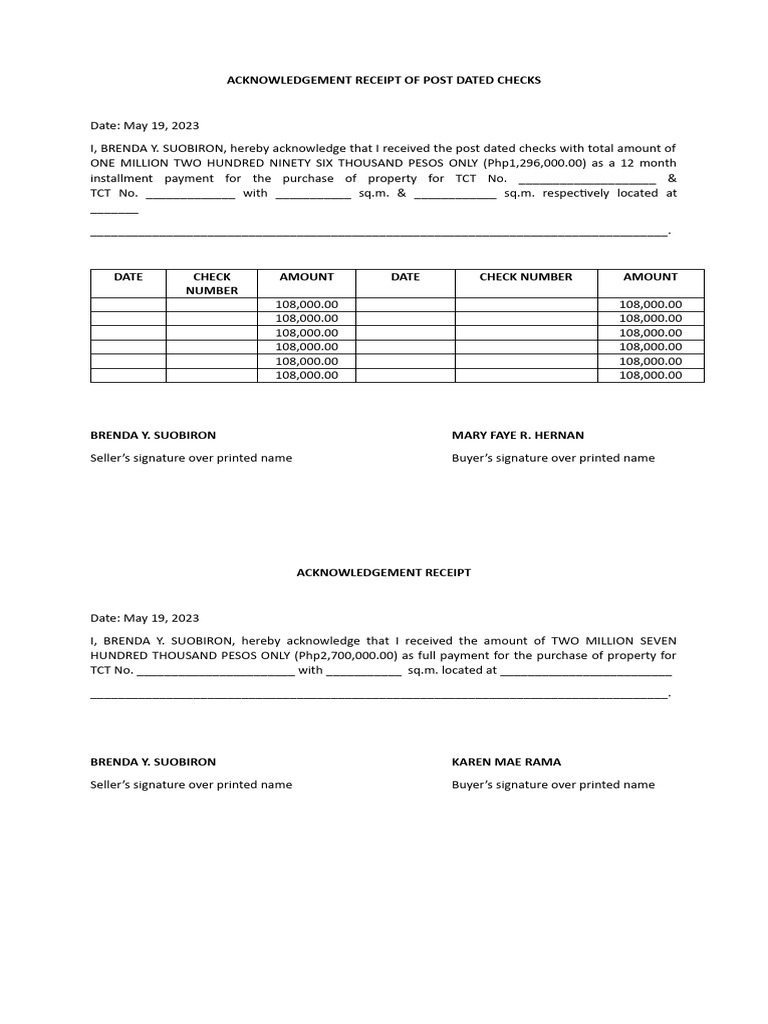 Acknowledgement of Post Dated Checks | PDF
