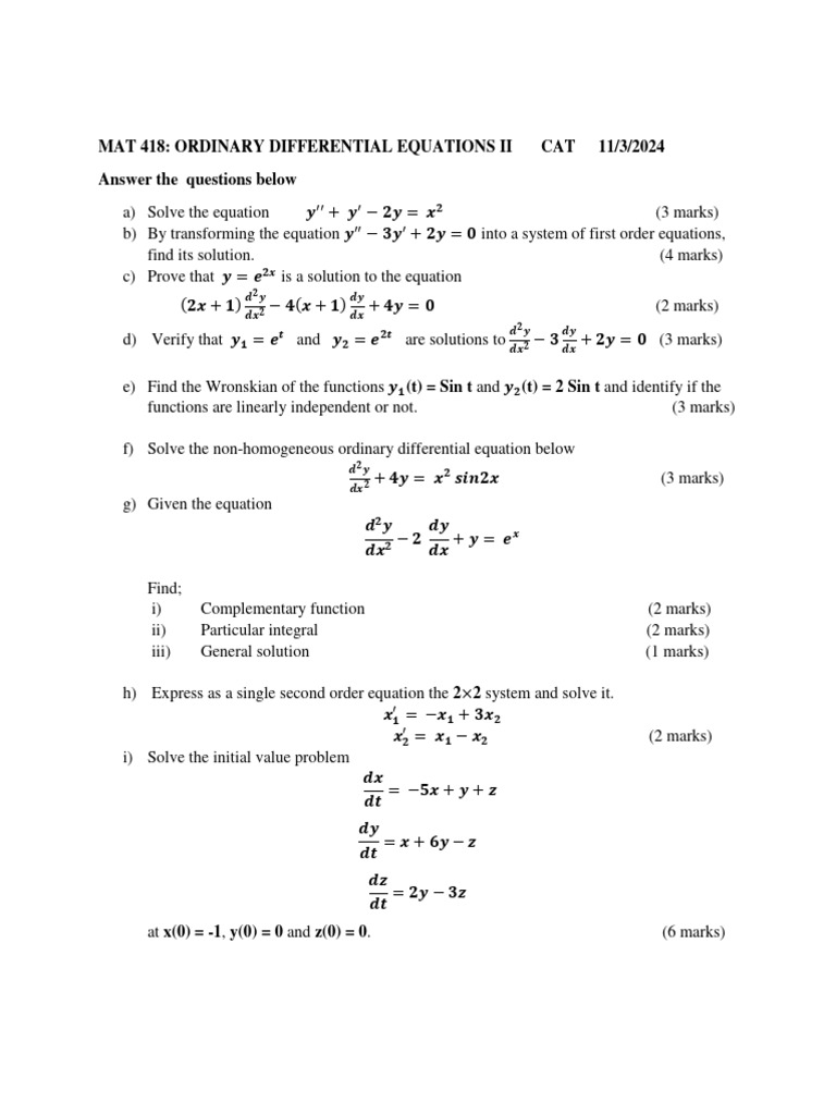 MAT 418 CAT JAN-APR 2024 | PDF | Equations | Ordinary Differential Equation
