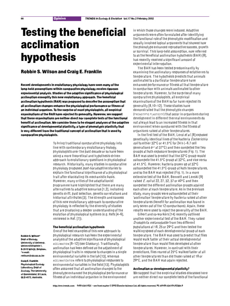 Testing The Beneficial Acclimation Hypo | PDF | Biology