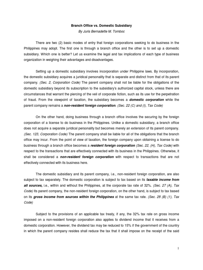 Subsidiary vs. Branch | PDF