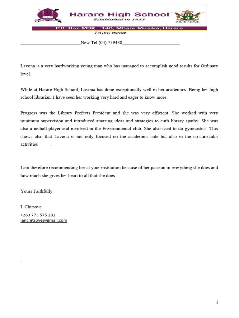 Recommendation for Lavona's Admission | PDF