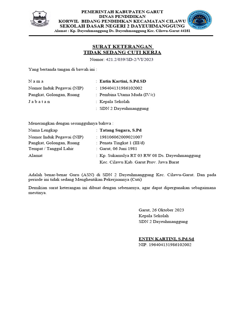Surat Keterangan Tidak Cuti ASN | PDF