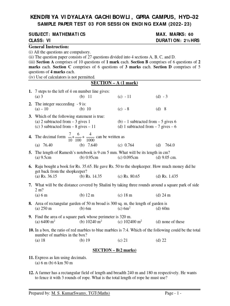 Maths Class VI Sample Paper Test 03 For See 2023 | PDF | Arithmetic ...