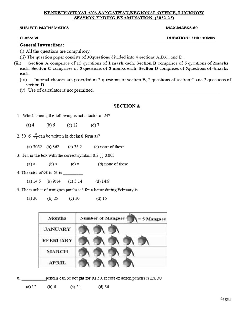 VI Math QP | PDF | Mathematics