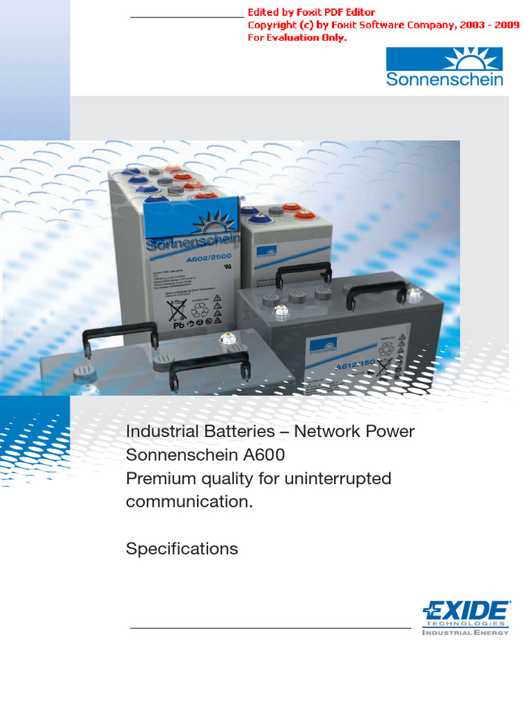 Sonnenschein A600 Industrial Batteries | PDF | Rechargeable Battery ...