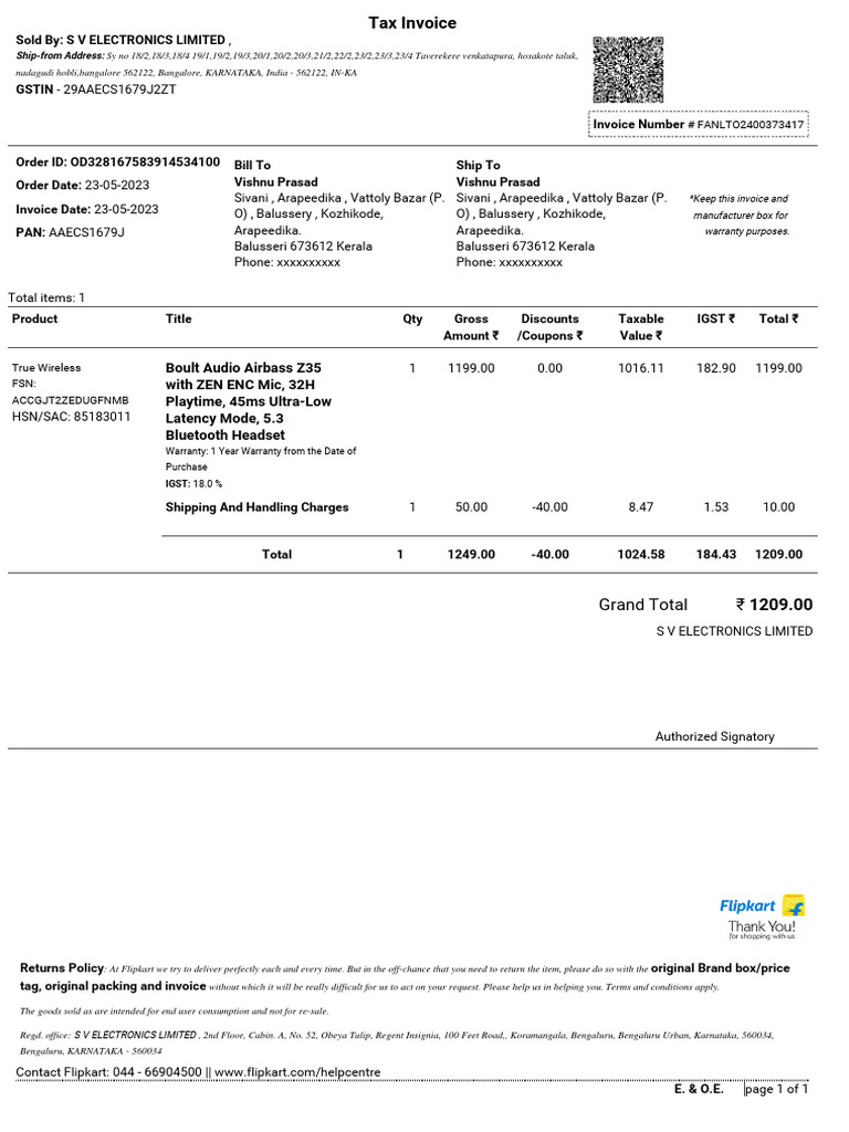 Invoice for Boult Audio Z35 Purchase | PDF