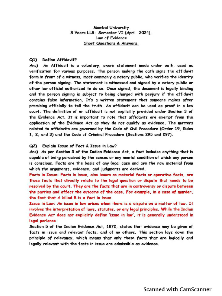 RK Notes For Law of Evidence | PDF