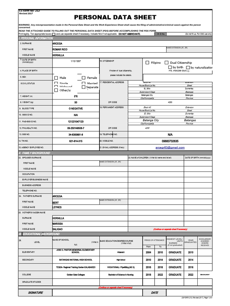 CS Form No. 212 Personal Data Sheet Revised | PDF | Nursing | Affidavit