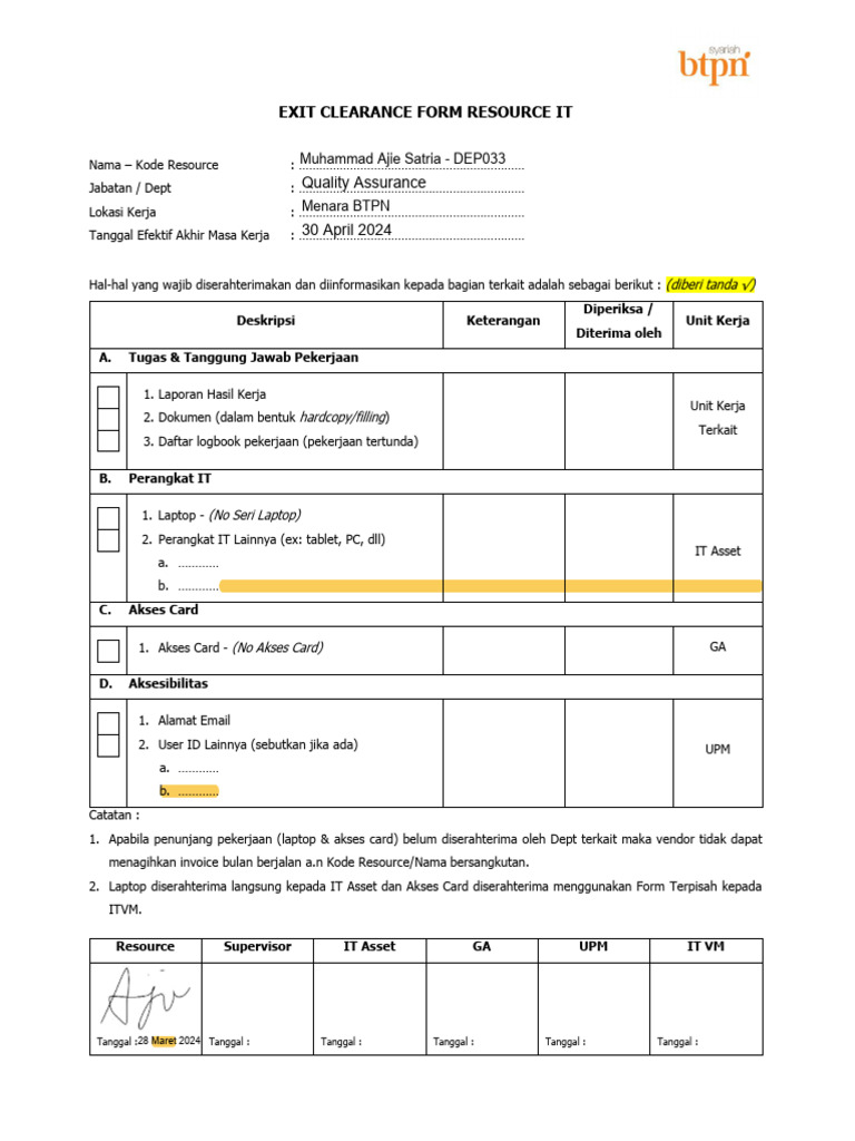 Formulir Exit Clearance Form Resource IT Fin1 3 | PDF | Komputer