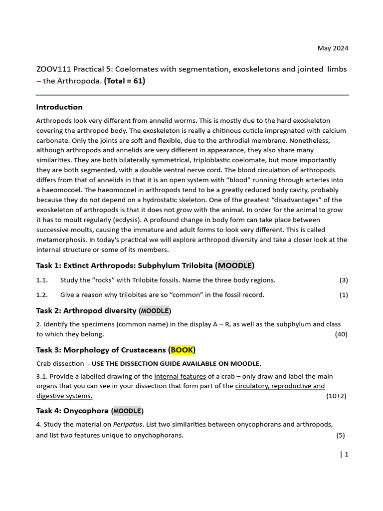 ZOOV111 Prac5 Arthropods 2024 | PDF | Zoology | Arthropods