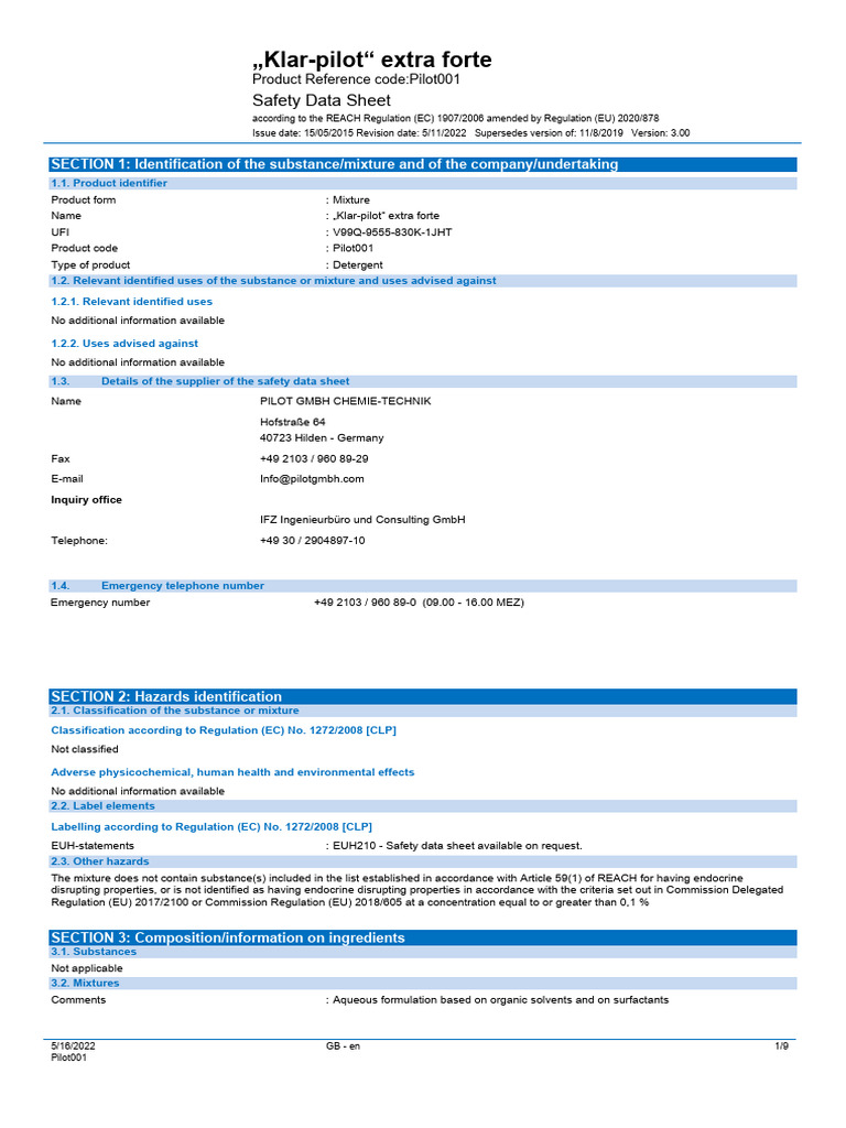 Klar-pilot Extra Forte Safety Data Sheet | PDF | Dangerous Goods | Safety