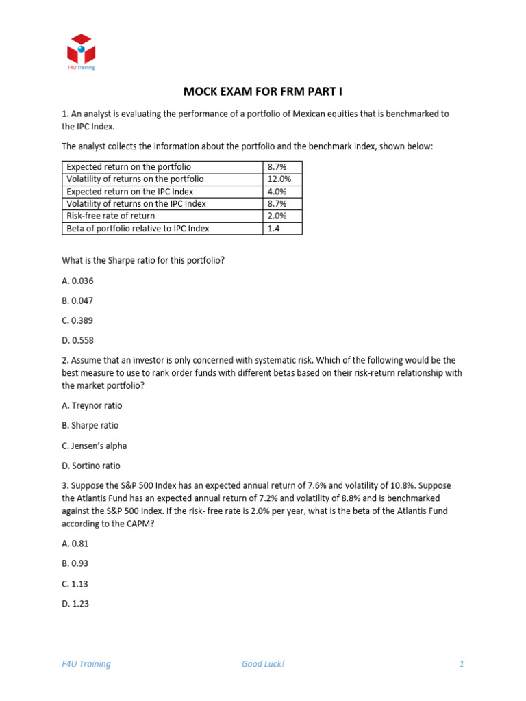 FRM_Part_I___Mock_Exam___F4U_Center___28.4.2019.pdf | PDF | Errors And Residuals | Mean Squared ...