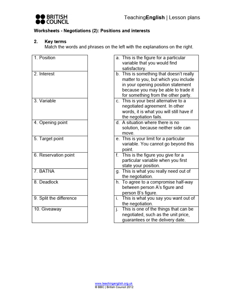 Negotiations 2 - Positions and Interests - Worksheet | PDF ...