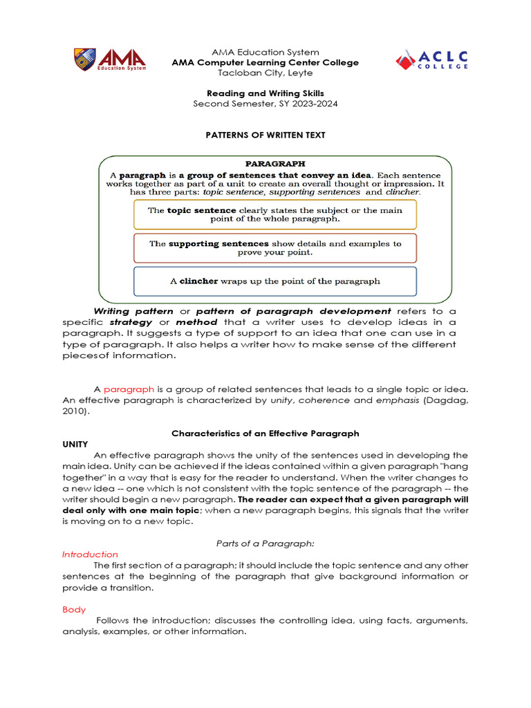 Reading and Writing Lesson 2.2 Developing Effective Paragraphs | PDF | Paragraph | Pronoun