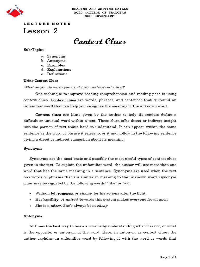 Reading and Writing Lesson 2 Context Clues | PDF | Reading Comprehension | Cognitive Science