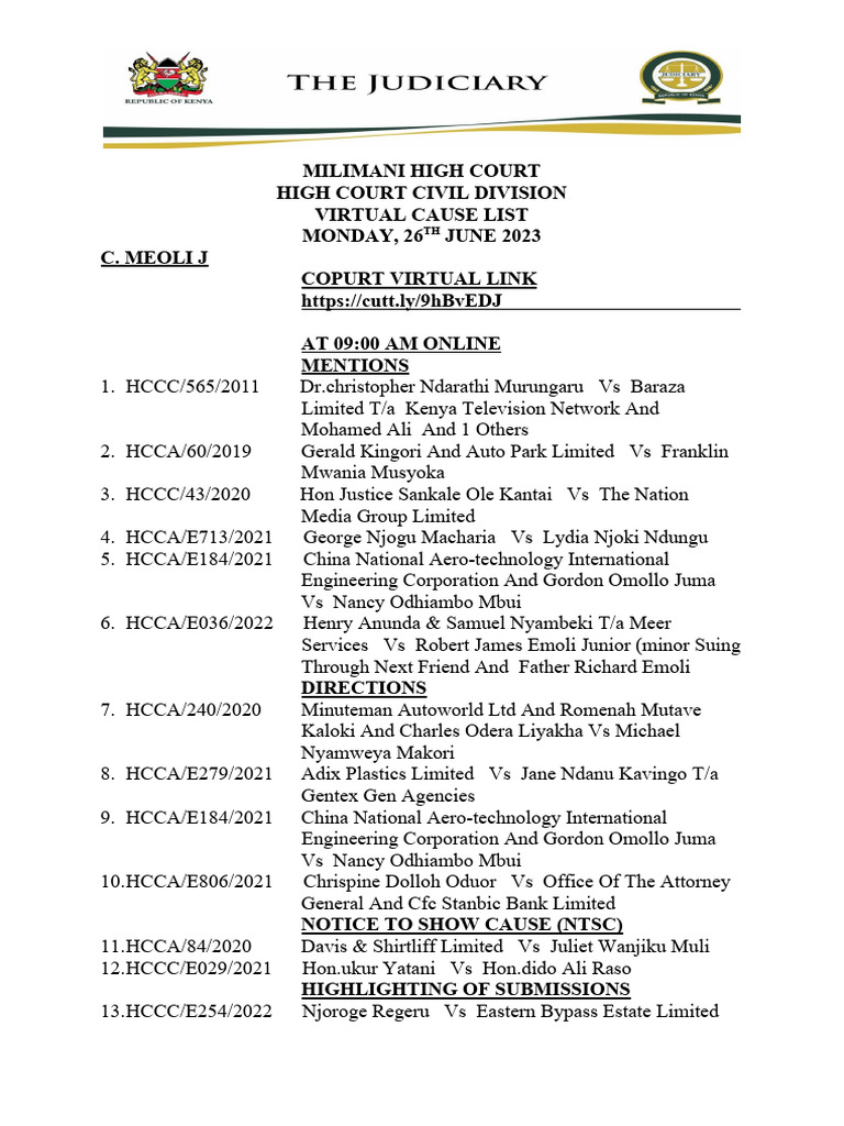 Civil Cause List For 26th June 2023 | PDF | Public Law | Common Law