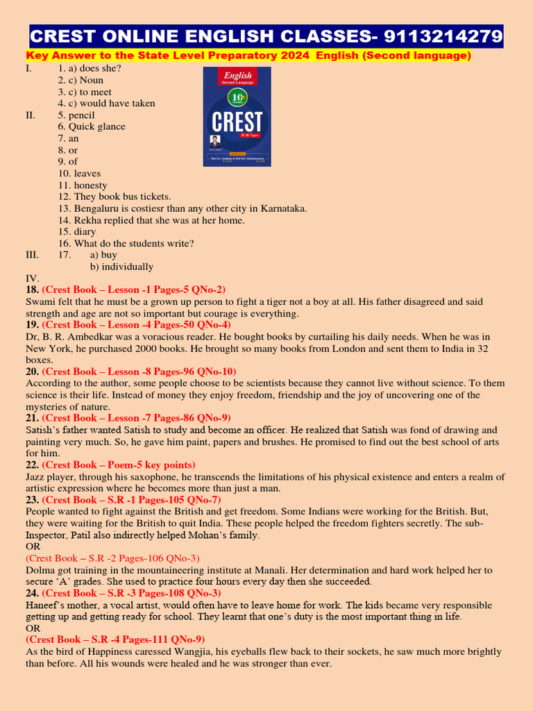 10th State Level SSLC Preperatory Exam 2024 English Answer Key by Crest Classes | PDF | Air ...