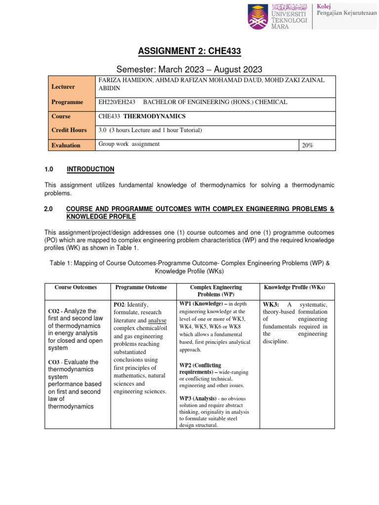 Thermodynamics Assignment CHE433 | PDF | Steam | Pressure