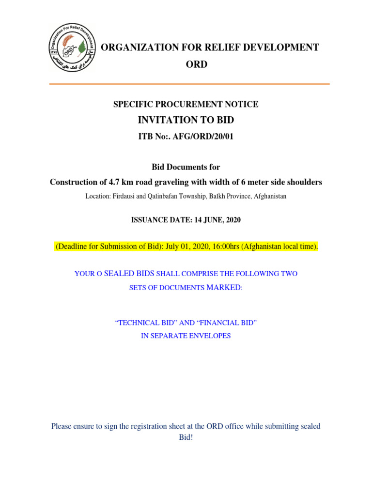 Organization For Relief Development ORD: Specific Procurement Notice ...