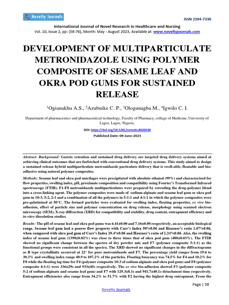 Multiparticulate Metronidazole Formulation | PDF | Density | Solubility