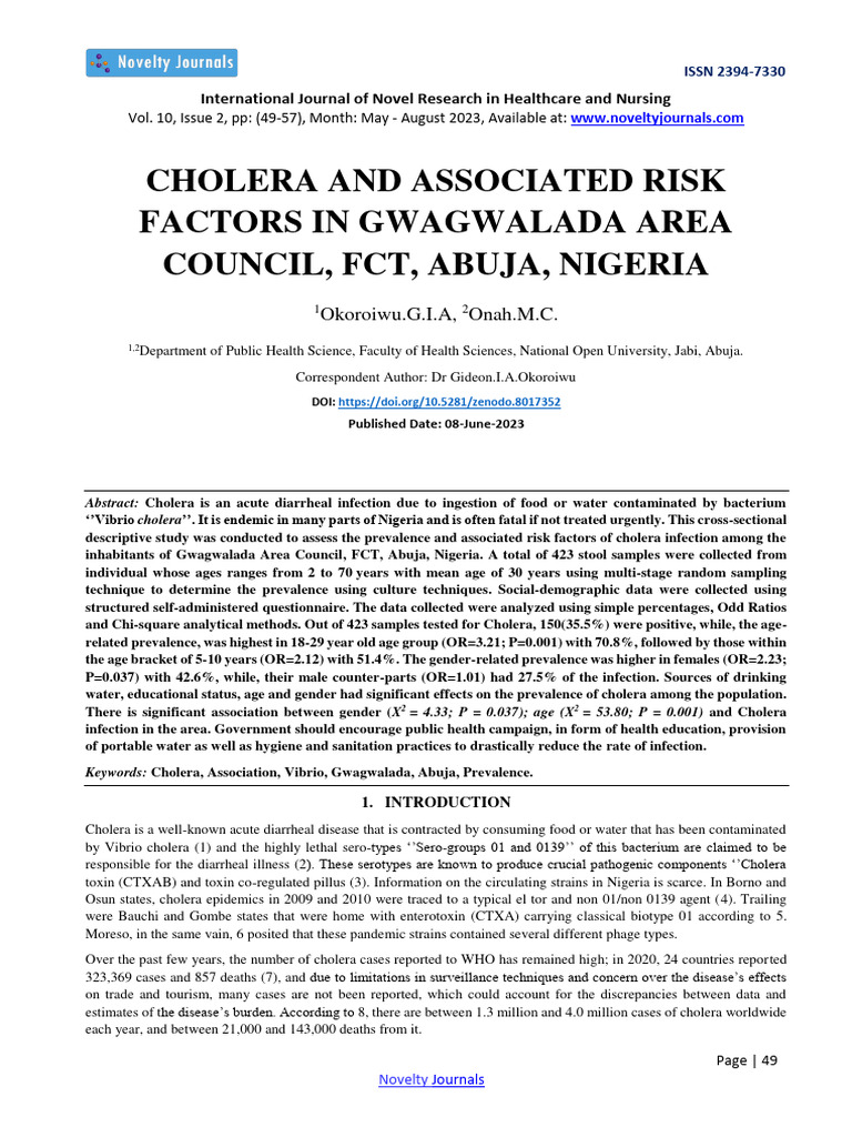 Cholera Risk Factors in Gwagwalada FCT | PDF | Cholera | Wash