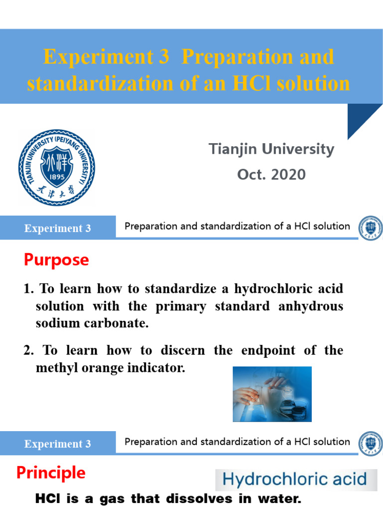 Experiment 3 Preparation And Standardization Of An Hcl Solution Pdf Hydrochloric Acid