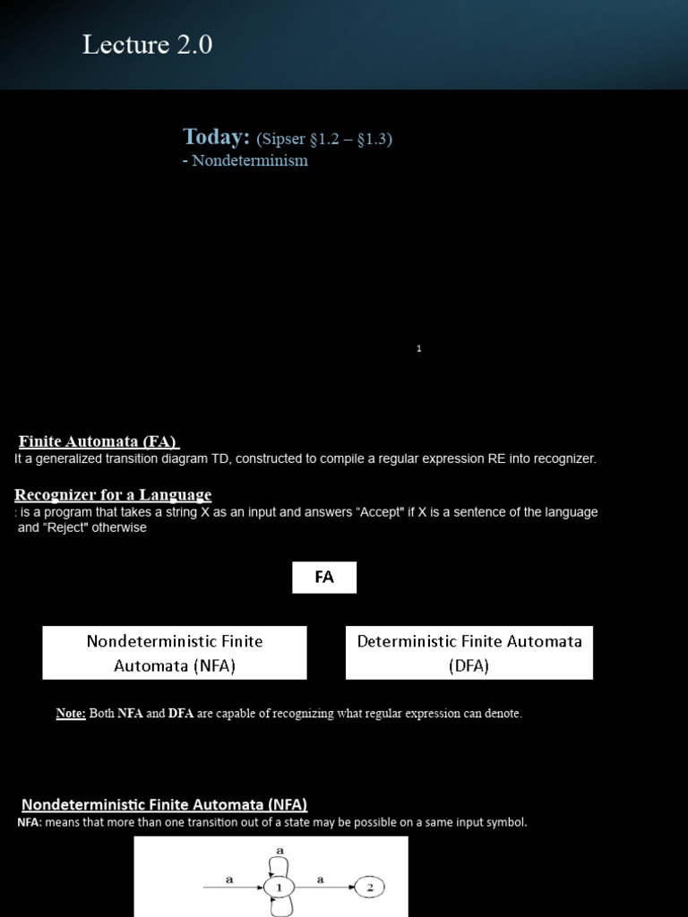 Lec2 0 NFA | PDF | Theoretical Computer Science | Models Of Computation