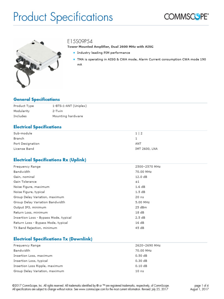(2600 MHZ) COMMSCOPE E15S09P54 | PDF | Electrical Connector | Bandwidth ...
