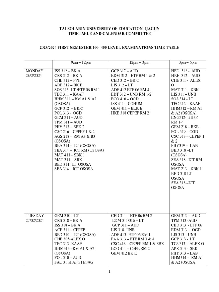 Final 2023 2024 First Semester Examination Timetable | PDF