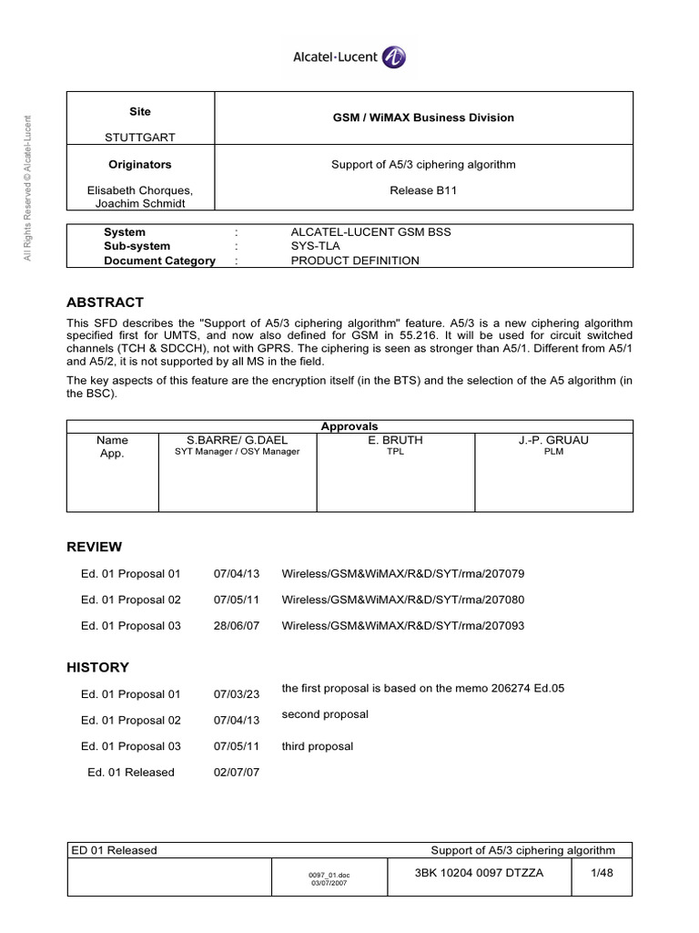 Alu Support Of A5 3 Ciphering Algorithm Pdf Gsm Telecommunications Standards