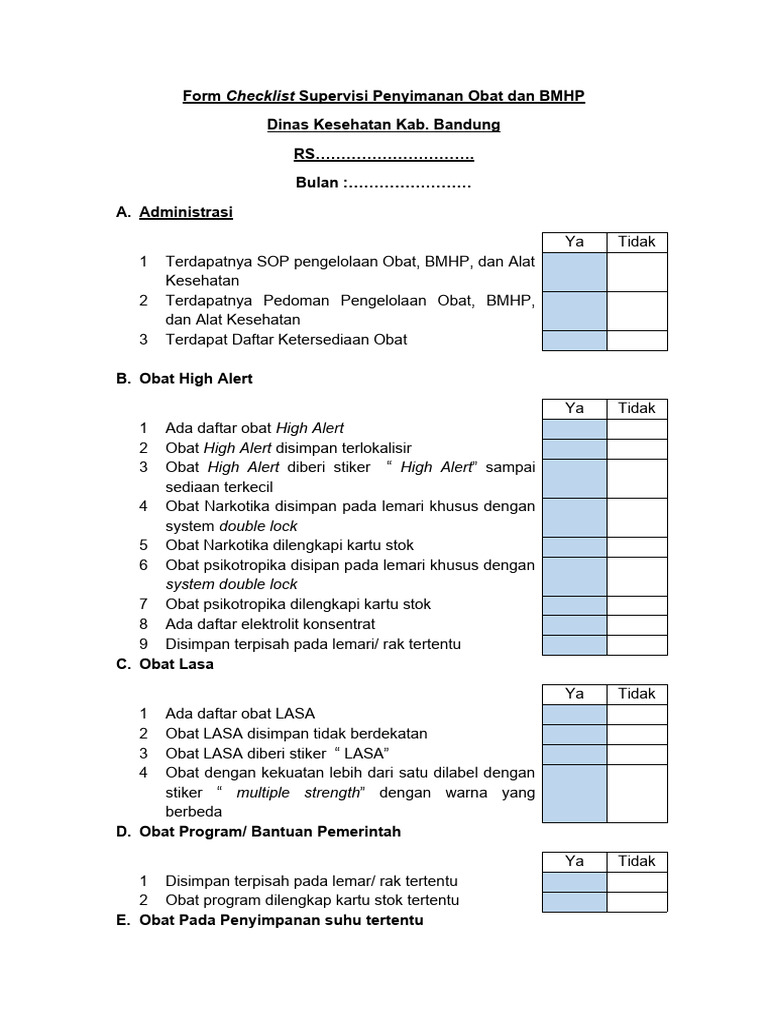 Form Checklist Supervisi Penyimanan Obat Dan BMHP - YULI | PDF