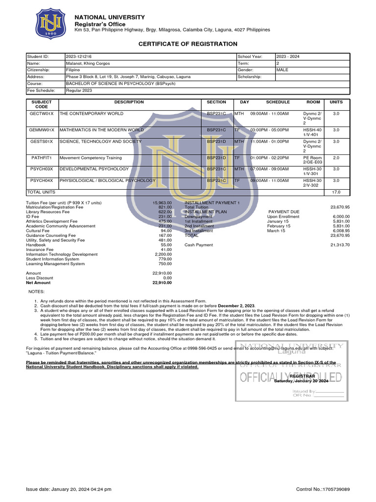 CertificateOfRegistration 2023 121216 | PDF | Fee | Payments