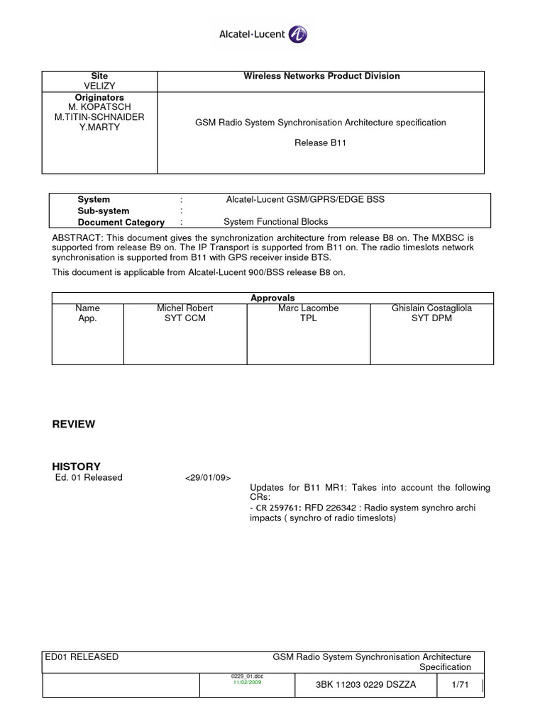 ALU GSM Radio System Synchronisation Architecture Specification Release ...