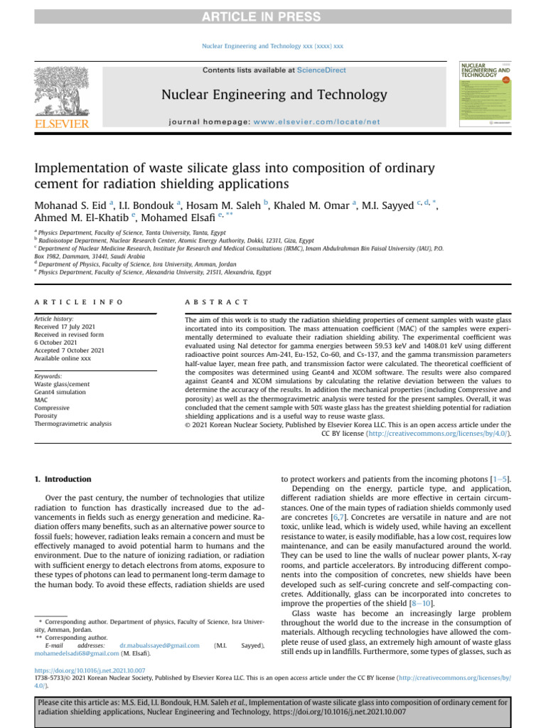 Implementation of Waste Silicate Glass Into Composition of Ordinary Cement For Radiation ...