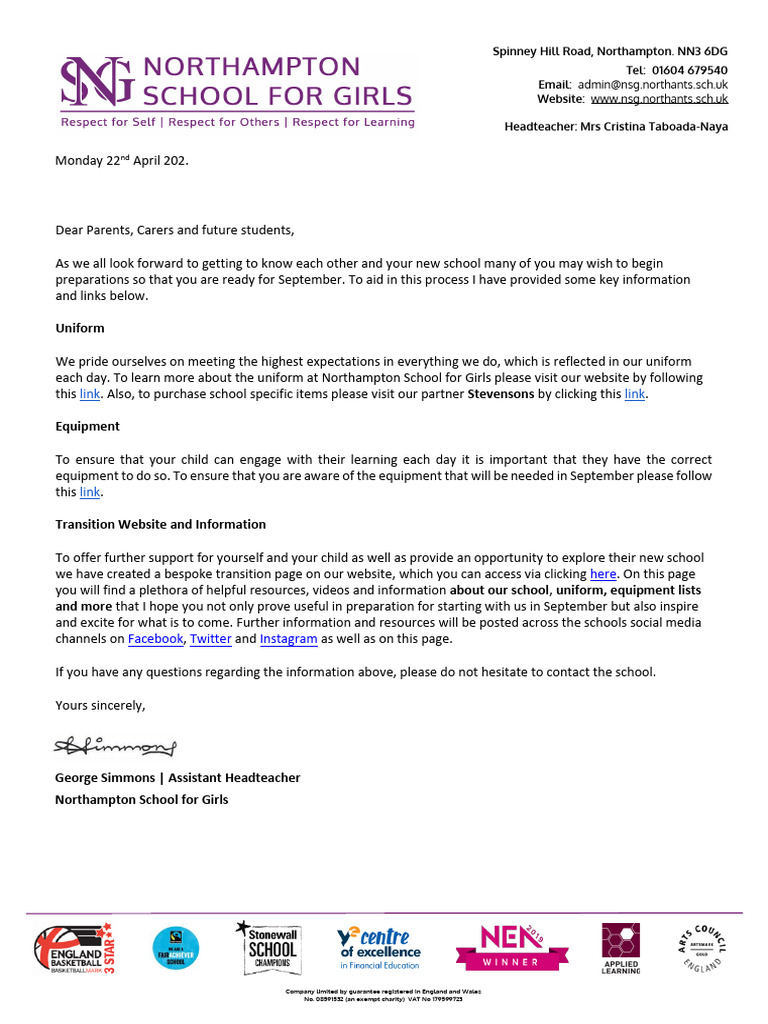 NSG School Uniform and Transition Info | PDF