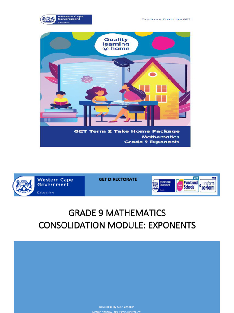 Grade 9 Mathematics Take Home Pack Term 2 (Exponents) | PDF ...