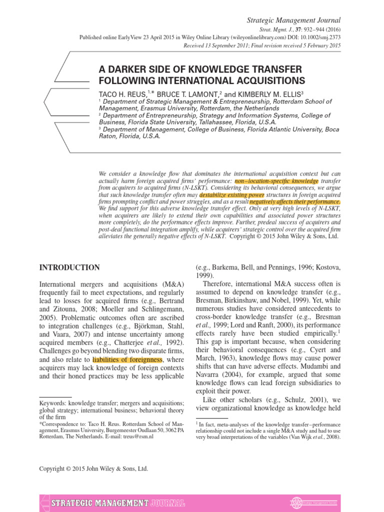 Reus Lamont and Ellis 2016 | PDF | Mergers And Acquisitions | Knowledge