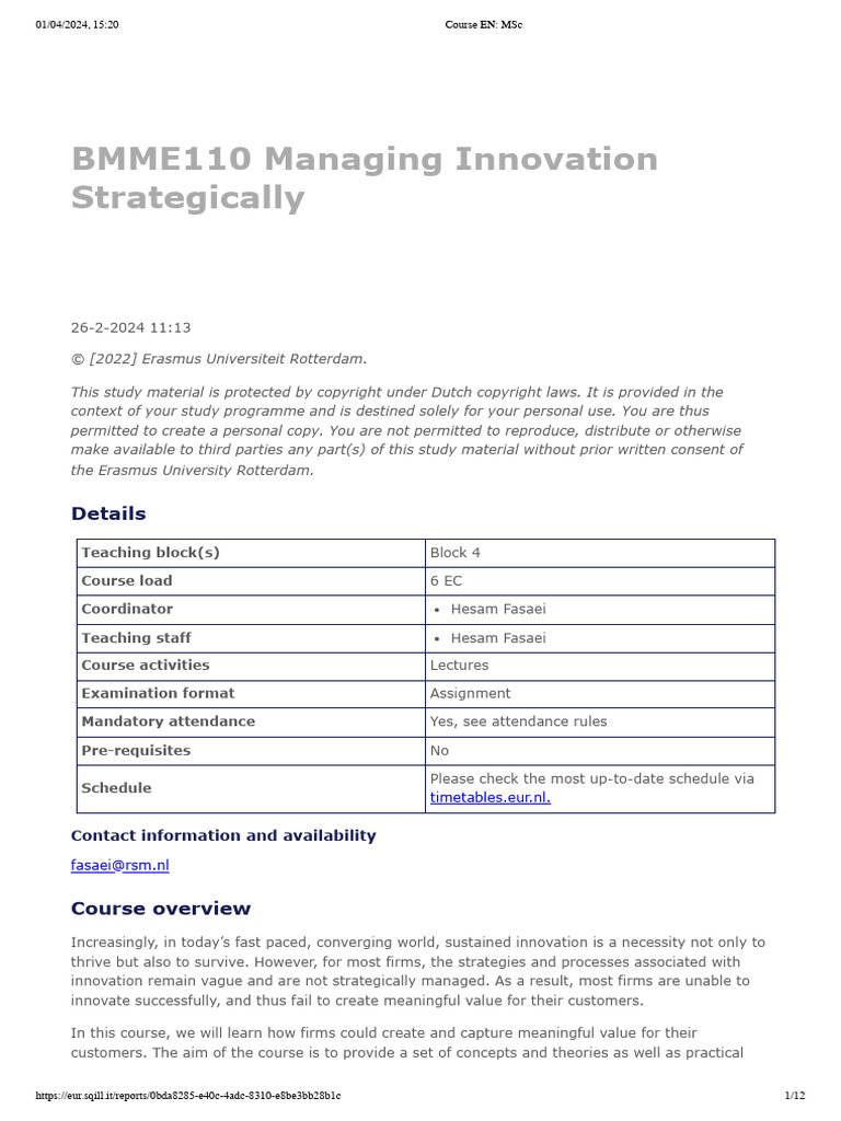 Managing Innovation Strategically Course Guide | PDF | Innovation | Lecture