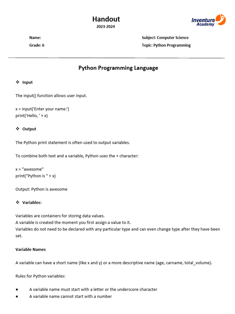 Grade 6 Handout On Python Programming 2023 24 Pdf Python Programming Language Variable