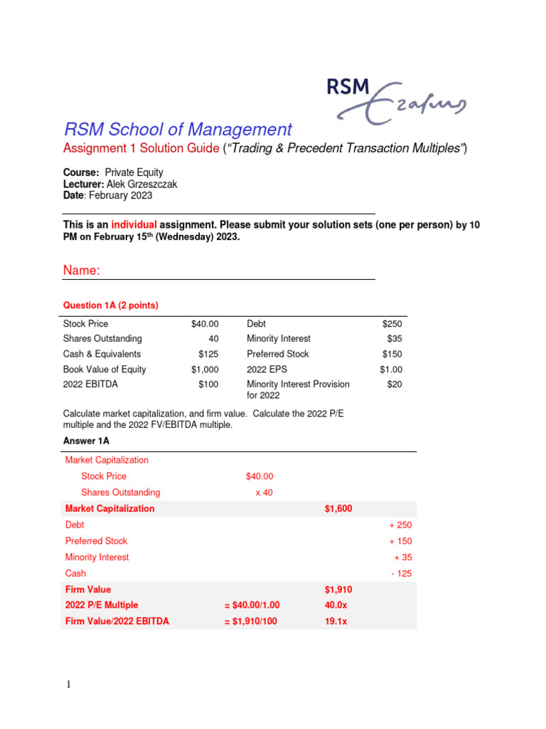 Assignment 1 - Solution Guide Private Equity | PDF | Equity (Finance) | Book Value