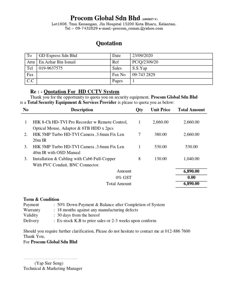 HD CCTV System Quotation from Procom Global | PDF | Technology ...