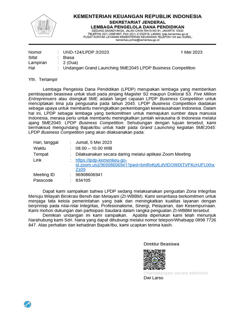 Undangan Grand Launching 5ME2045 LPDP Business Competition | PDF ...