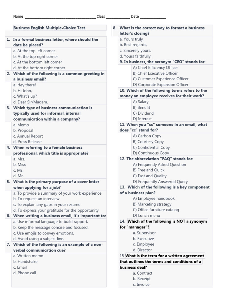 Business English Initial Test | PDF | Expense | Employment