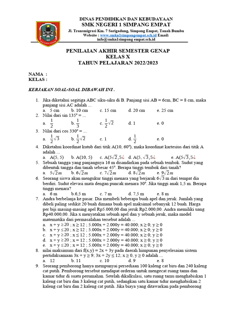 Soal Pas MTK X - Nani | PDF