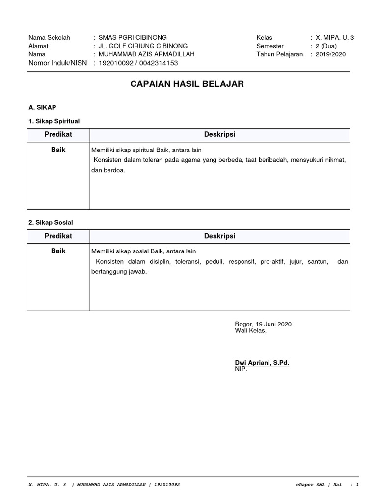 Rapor Semester 2 Muhammad Azis 2020 | PDF