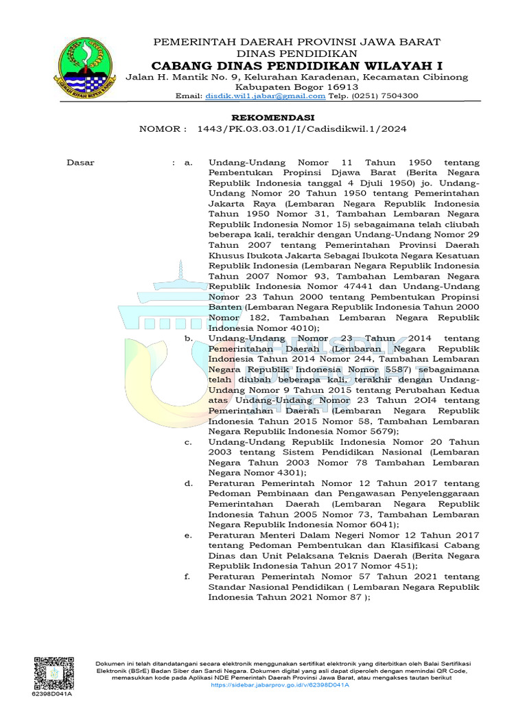 Rekomendasi Izin SMA Al Wildan 14 | PDF